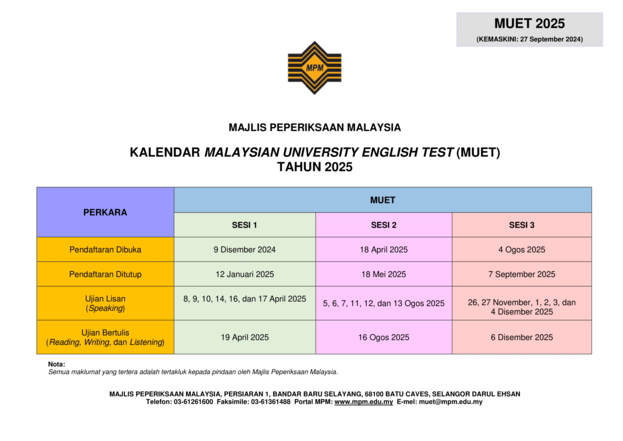 Kalendar Peperiksaan MUET Tahun 2025 Jadual Ujian Dan Pendaftaran