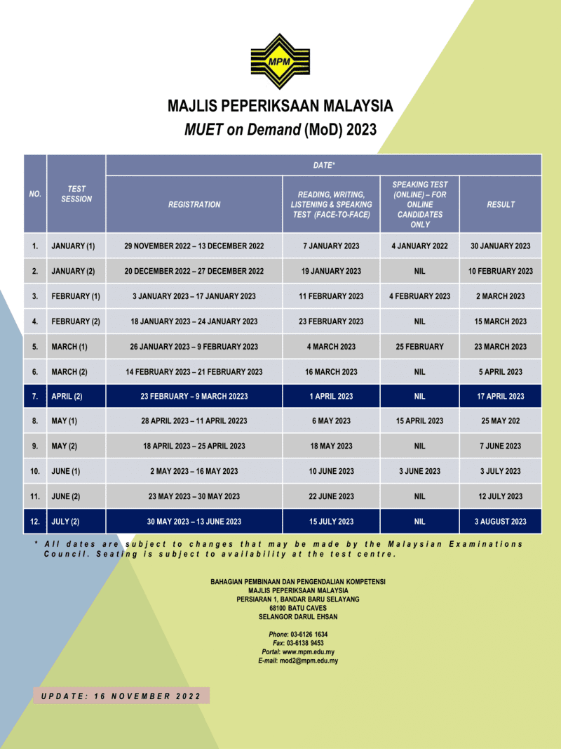 Pendaftaran MUET on Demand (MoD) 2022 Online