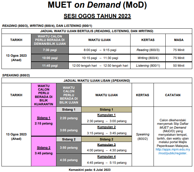 Pendaftaran MUET on Demand (MoD) 2024 Online